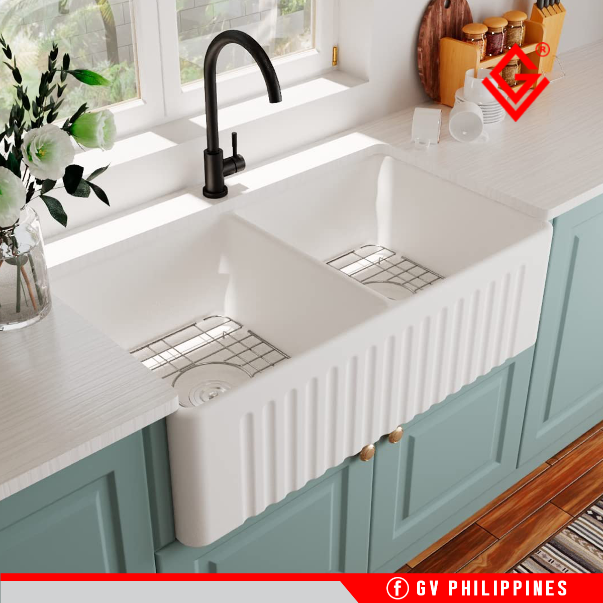 BS-D8446 RIBBED (UNDER) FARMHOUSE HANDMADE UNDERMOUNT DOUBLE BOWL ...