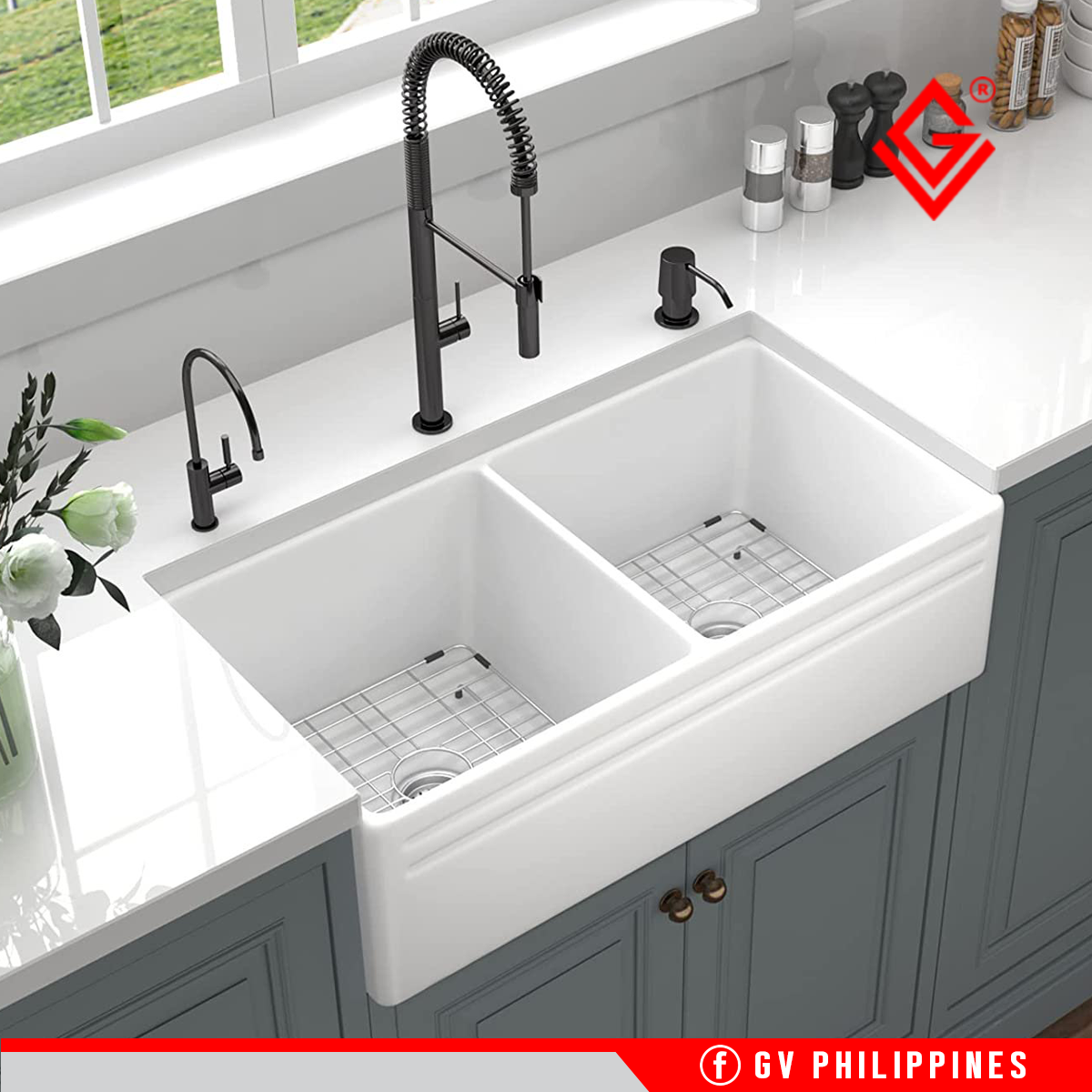 GV BS-D8446L (UNDER) FARMHOUSE HANDMADE UNDERMOUNT DOUBLE BOWL KITCHEN ...